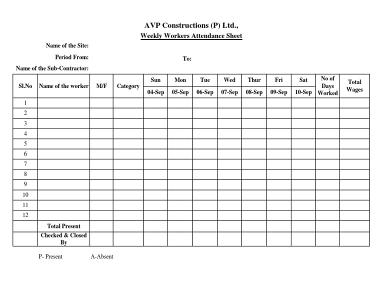 Workers Attendance Sheet - Empty Format | PDF