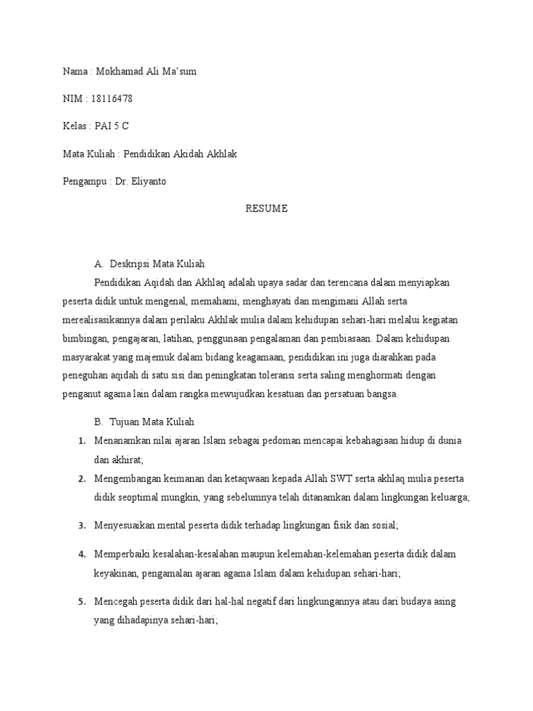 Mokhamad Ali Ma'sum - Resume Aqidah Akhlak | PDF