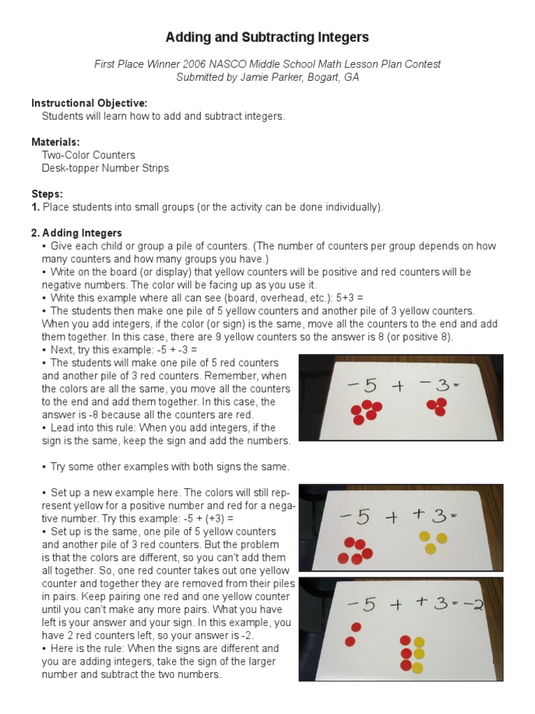 Math Adding Subtracting Integers Lesson Plan | PDF | Subtraction | Numbers