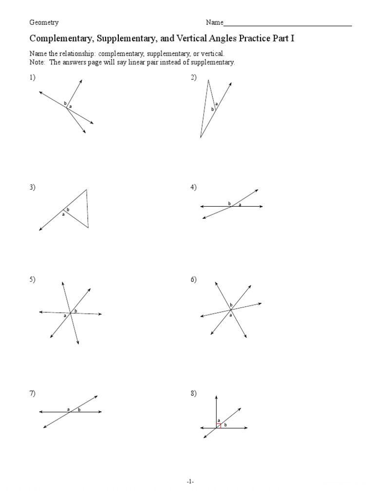Complementary Supplementaryand Vertical Angles Practice Part I | PDF ...