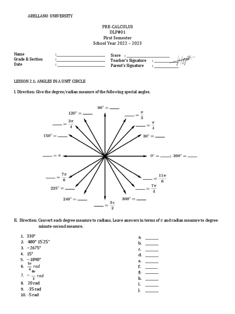 DLP-L01 - Angles in A Unit Circle (Pre-Cal) | PDF | Angle | Minute And Second Of Arc