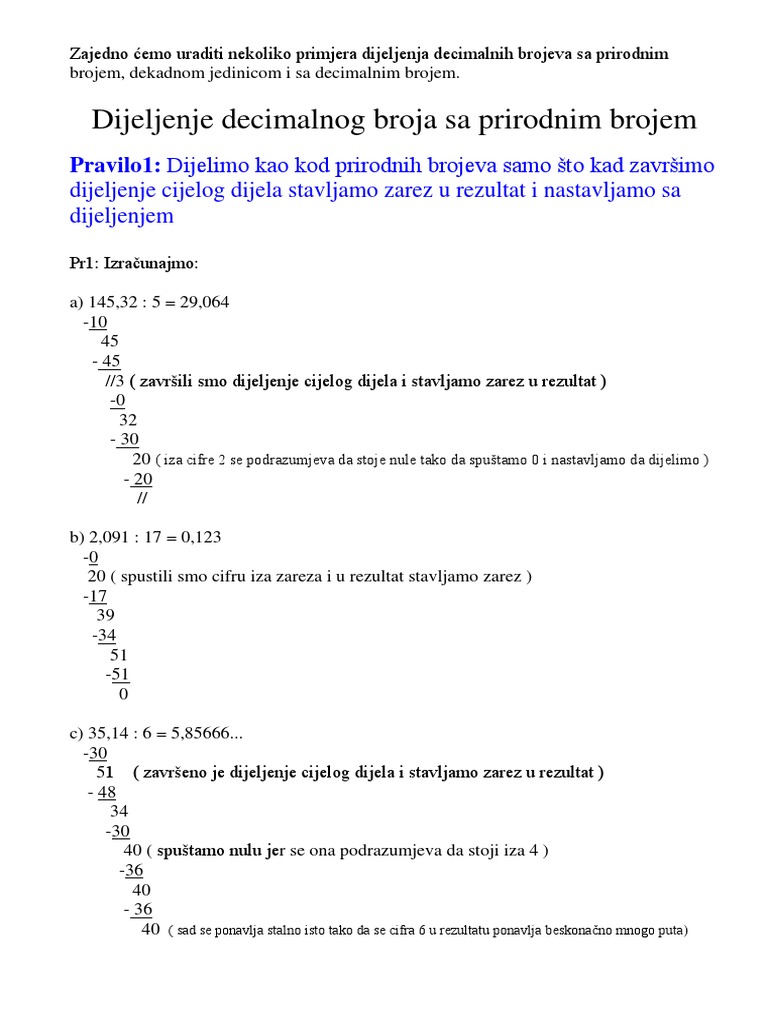 Dijeljenje Decimalnih Brojeva Matematika VI Razred 1 | PDF