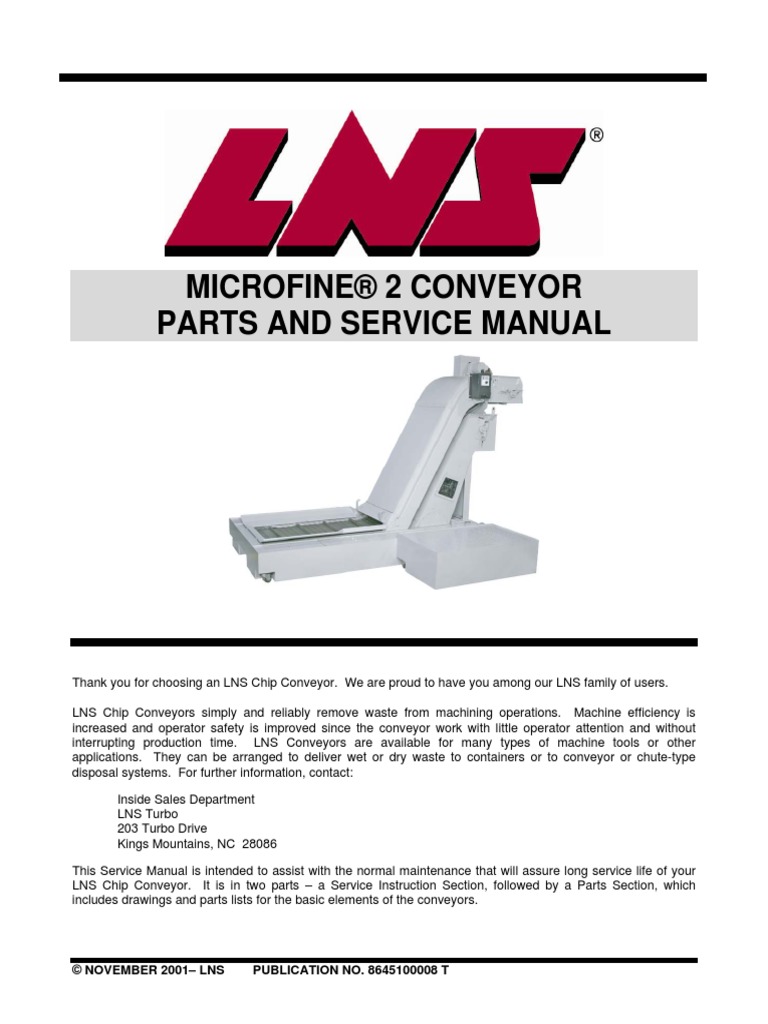 MICROFINE MF2 2 Chip Conveyor Parts and Service Manual LNS Turbo | PDF | Belt (Mechanical) | Pump