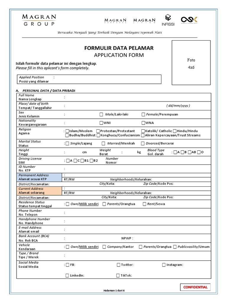 Formulir Data Pribadi Pelamar Magran 2022 | PDF