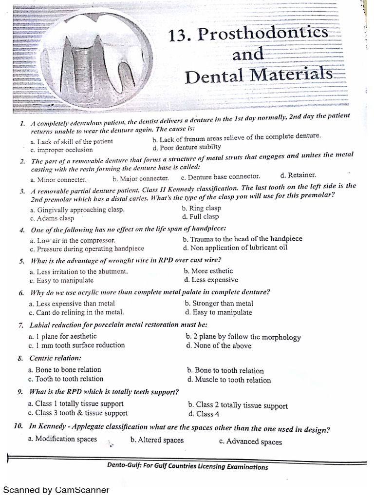 MCQ Prosthodontics & Dental Materials | PDF