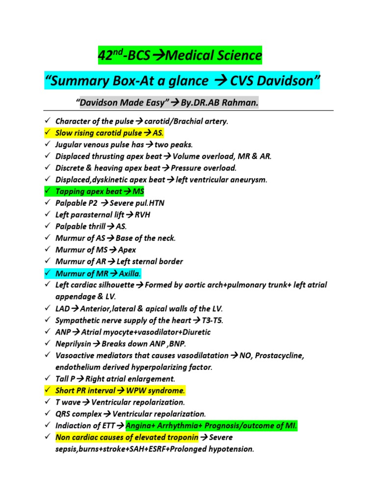 Summary CVS Davidson 23rd | PDF | Heart | Heart Failure
