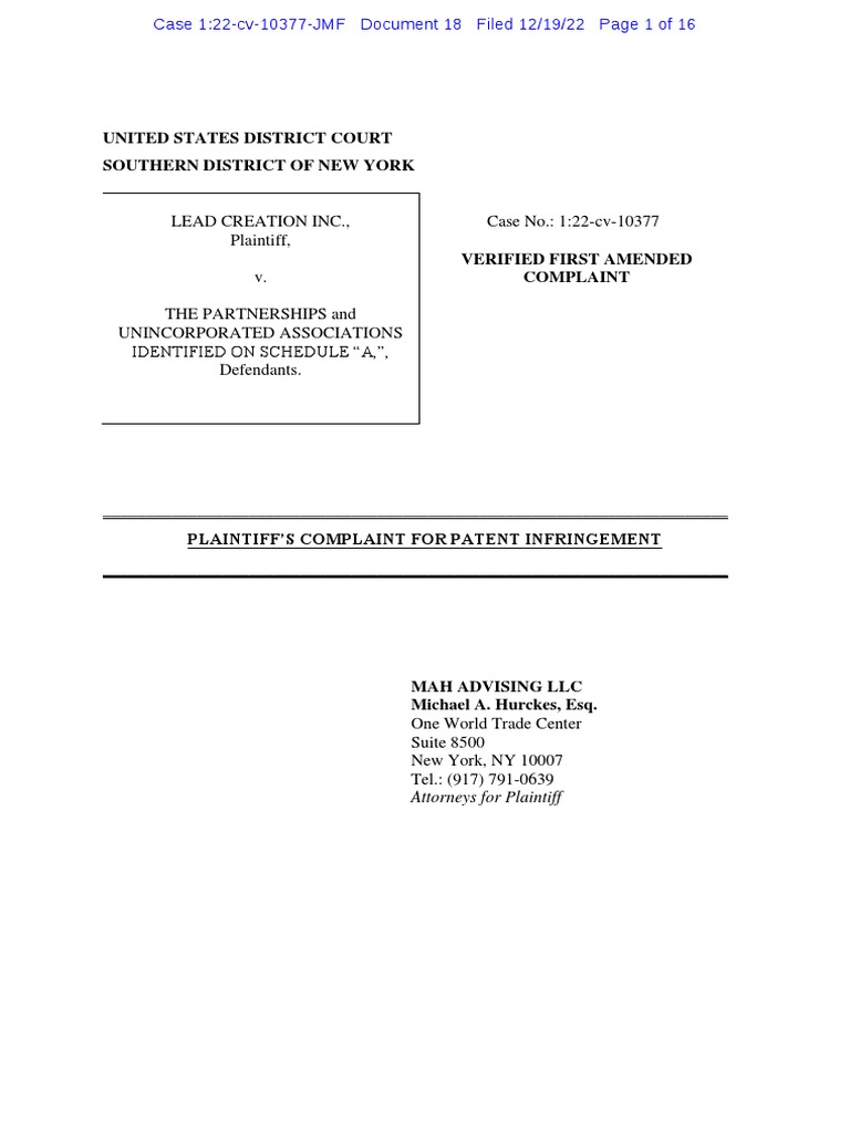 Lead Creation v. Schedule A - 1st Amended Complaint | PDF | Flashlight ...