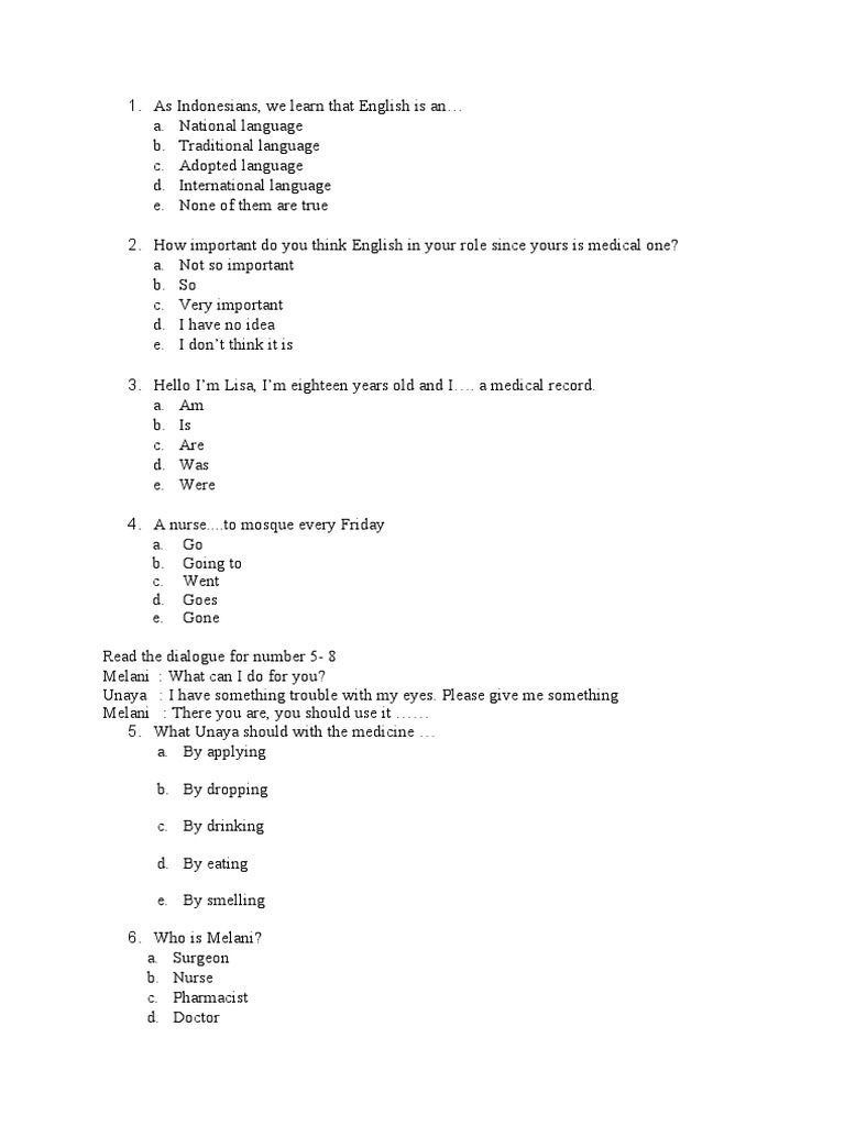 English Language Quiz for Medical Context | PDF