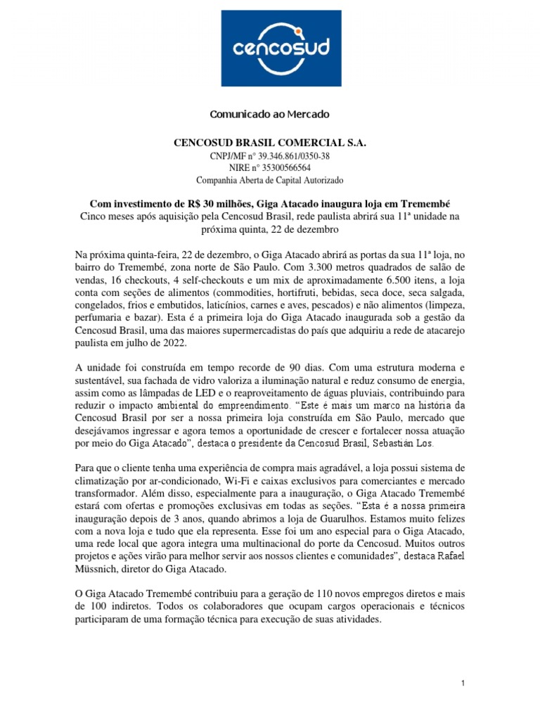 Cencosud Brasil Comercial S.A.: Comunicado Ao Mercado | PDF | Negócios