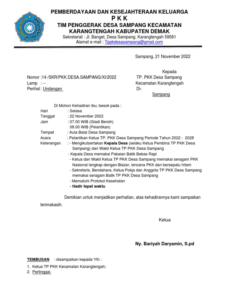 Surat Undangan PKK Pengukuhan TP PKK Sampang 2022 | PDF
