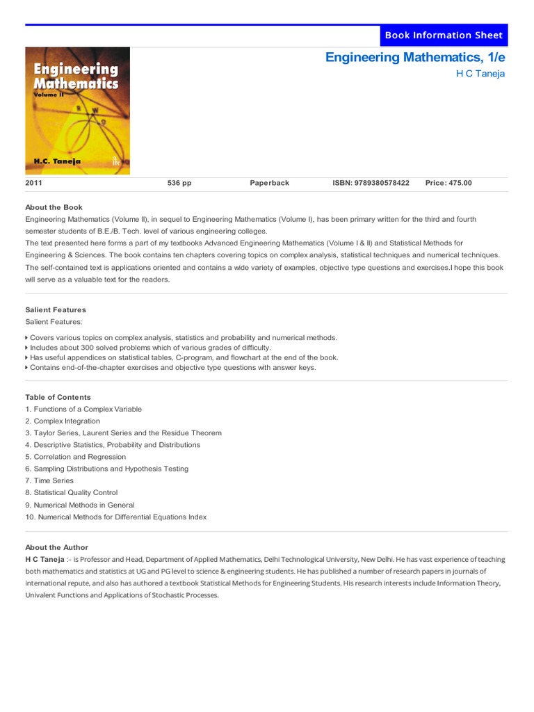 Engineering Mathematics, 1/e: Book Information Sheet Book Information ...