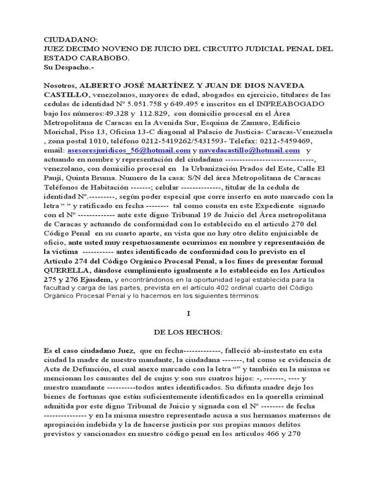 Querella por apropiación indebida hereditaria | PDF | Derecho penal | Queja