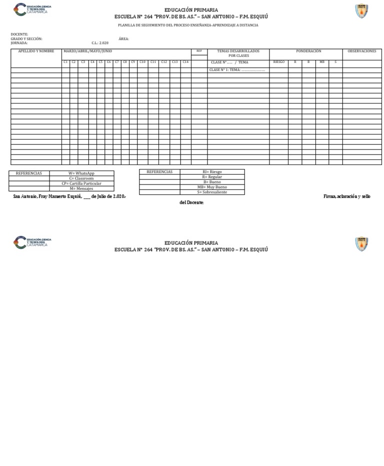 Planilla de Seguimiento Del Proceso Enseñanza Esc 264 Def 2 | PDF