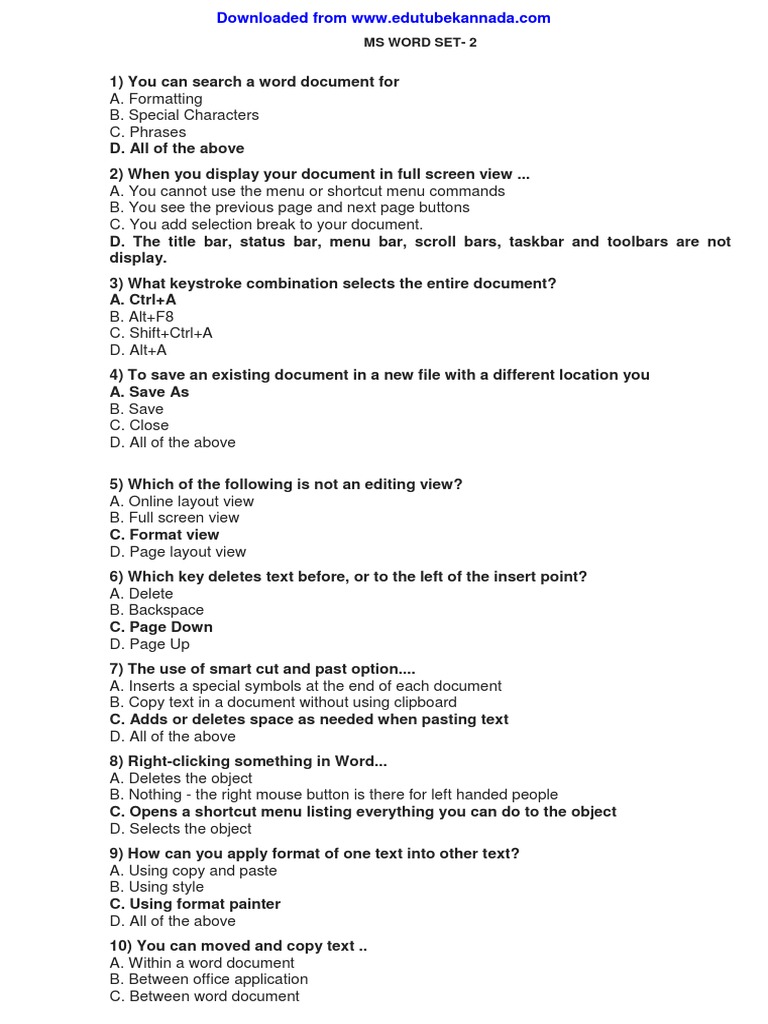 An Introduction to Common Microsoft Word Functions: A 20 Question Multiple Choice Quiz | PDF ...