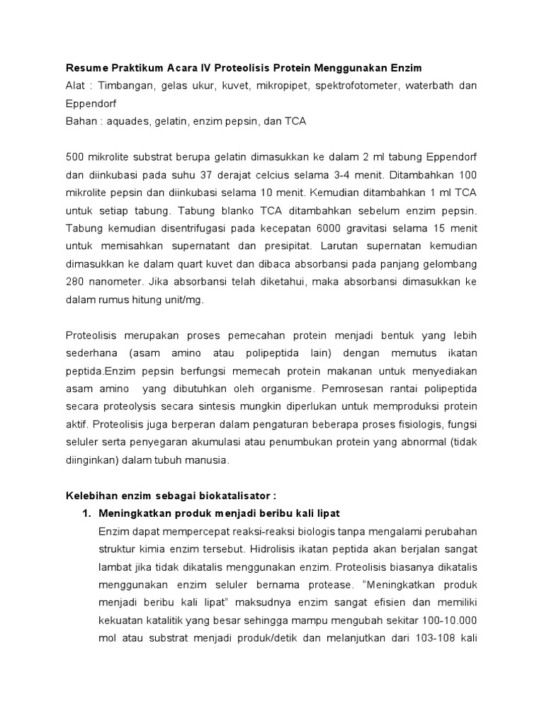 Resume Post Praktikum Acara IV Proteolisis Protein Menggunakan Enzim | PDF