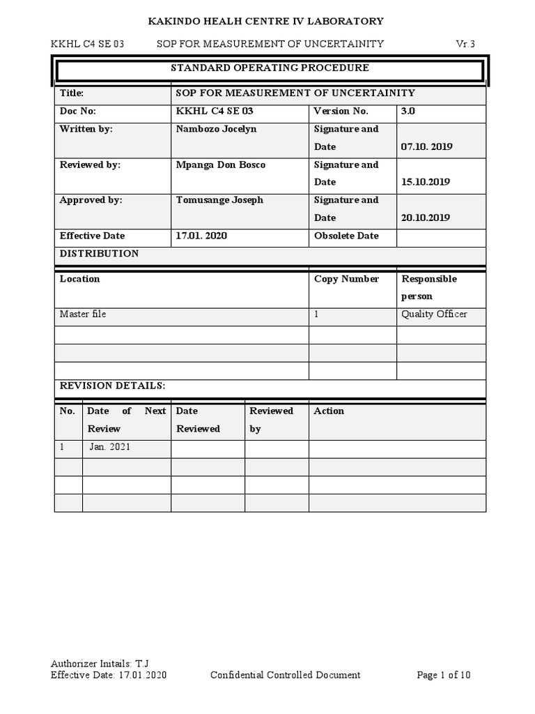 KKHL C4 SE 03 SOP For Measurement of Uncertianity FINAL 1 | PDF ...