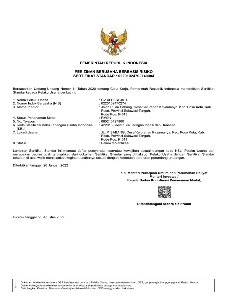 Sertifikat Standar Drainase Oss Rba | PDF