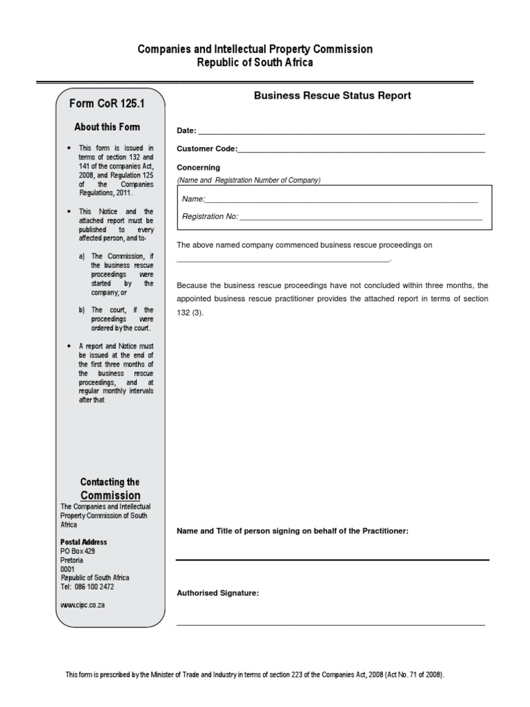 Form CoR 125.1 Business Rescue Status Report (Notice Concerning Status ...