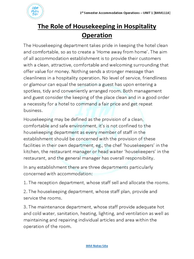 UNIT 01 - The Role of Housekeeping in Hospitality Operation | PDF ...