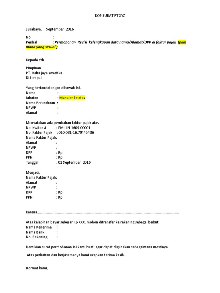 Draft Surat Revisi Faktur Pajak NPWP Tetap | PDF