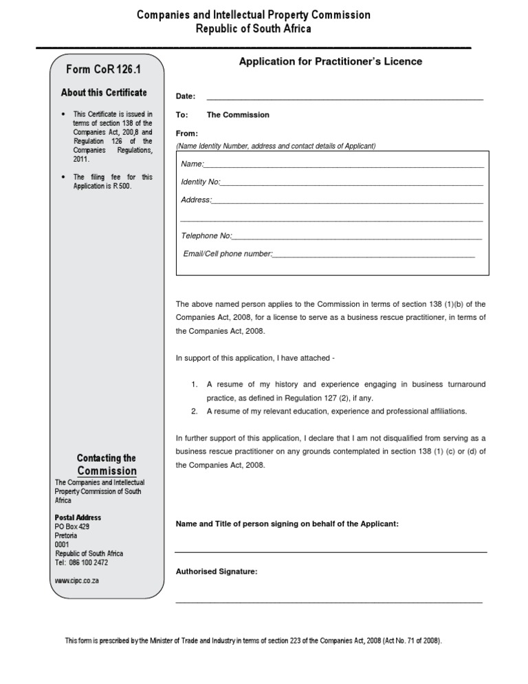 Form CoR 126.1 Application For Practioner's License (Application For ...