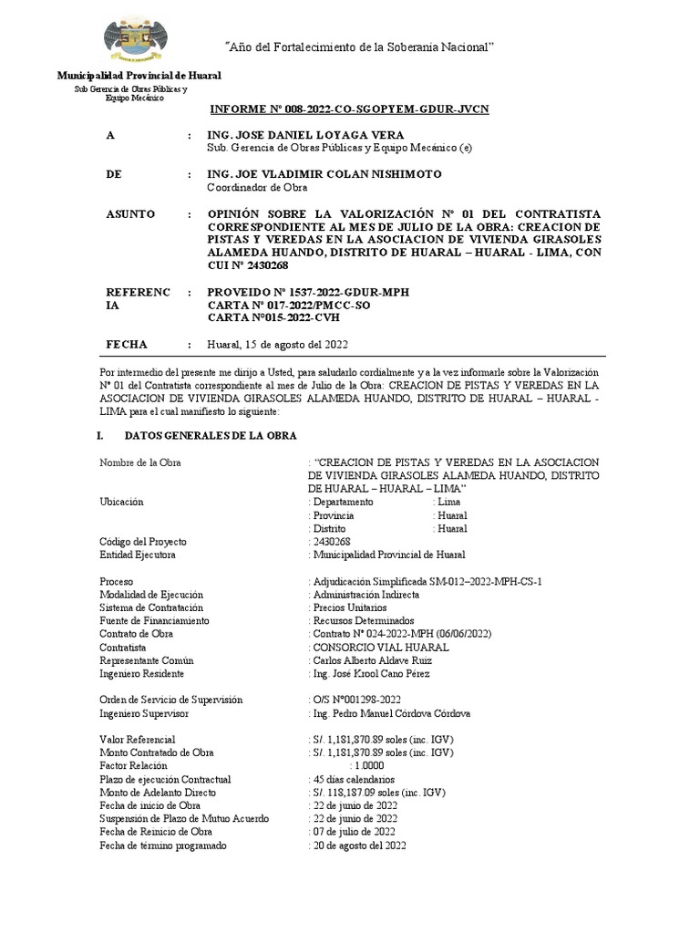 Informe 08 - Valo 01 Contrastista Obra Girasoles | PDF | Regulación | Presupuesto del gobierno