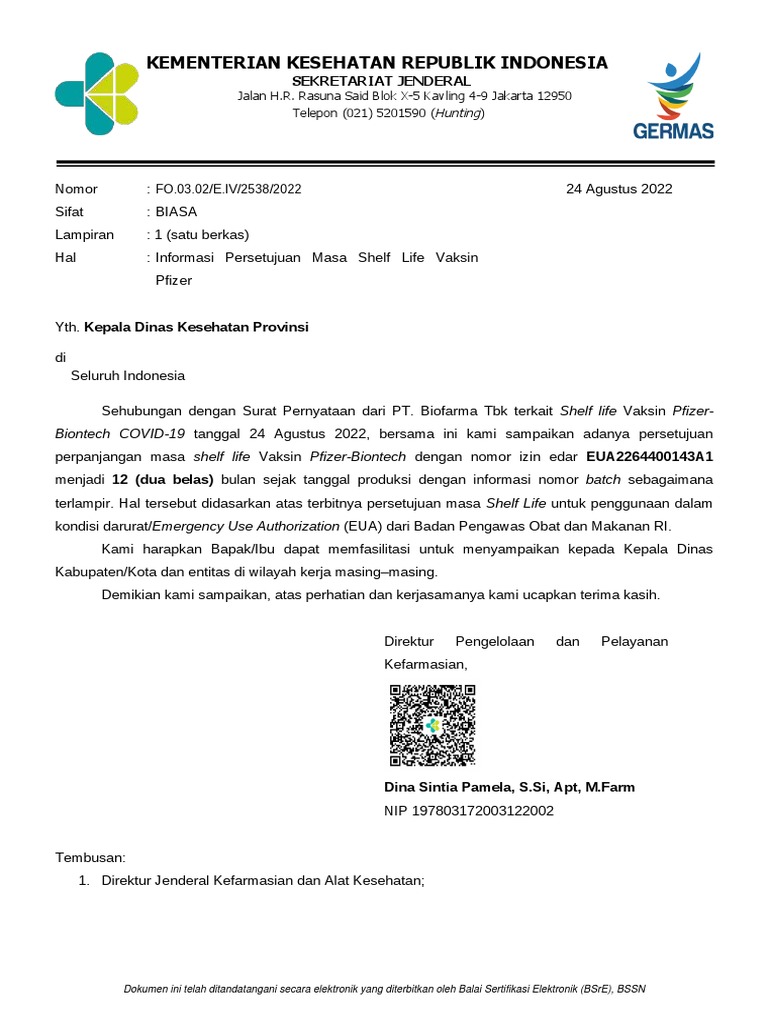 Surat Informasi Perpanjangan Shelf Life Vaksi | PDF | Kesehatan Holistik