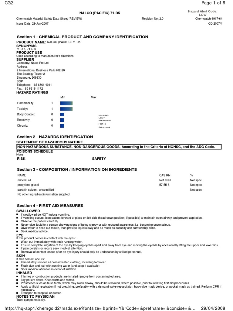 21.nalco 71-D5 Antifoam Chemwatch (123527) | PDF | Toxicity ...