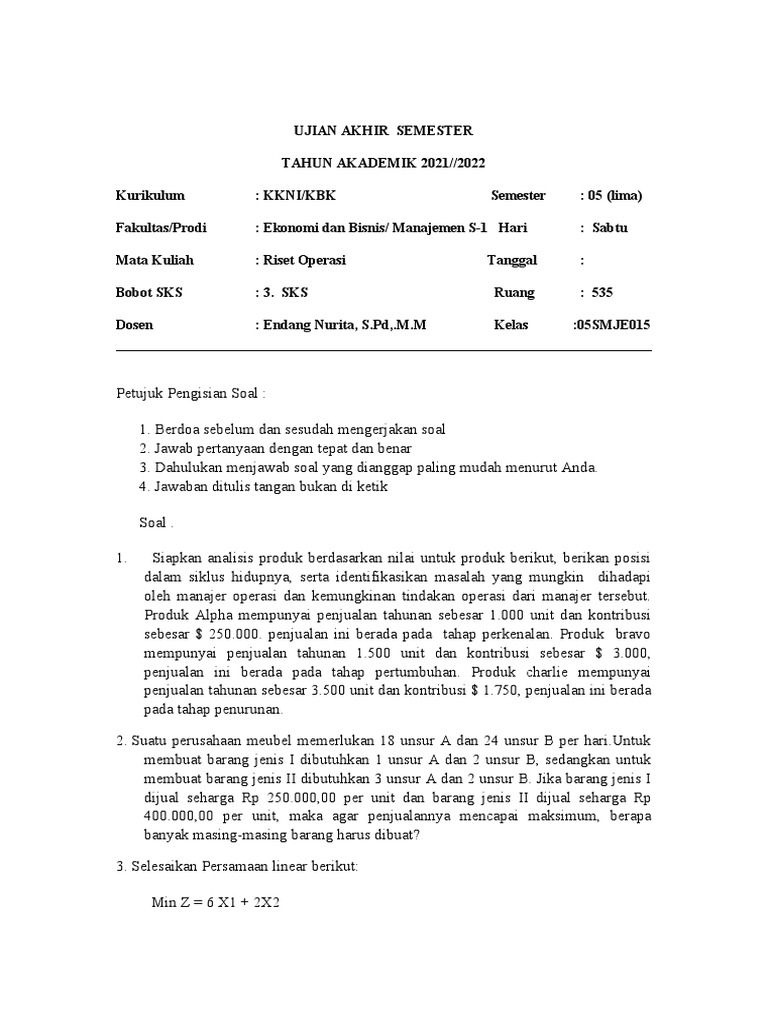 Soal UAS Riset Operasi New | PDF