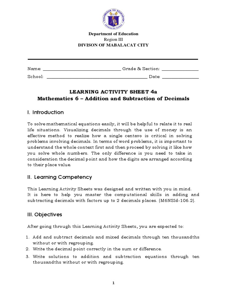 Mathematics G6 - Q1 - Wk4A - Addition Andsubtraction of Decimals | PDF ...
