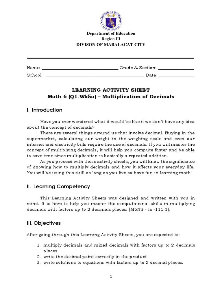 Mathematics-G6 Q1 Wk5a Multiplication-of-Decimals | PDF