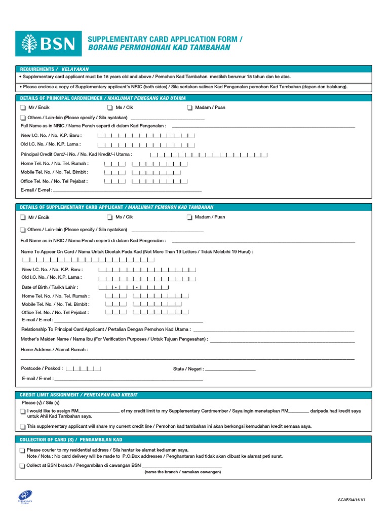 Permohonan Kad Tambahan Kredit BSN | PDF | Kartu Kredit | Visa Inc.