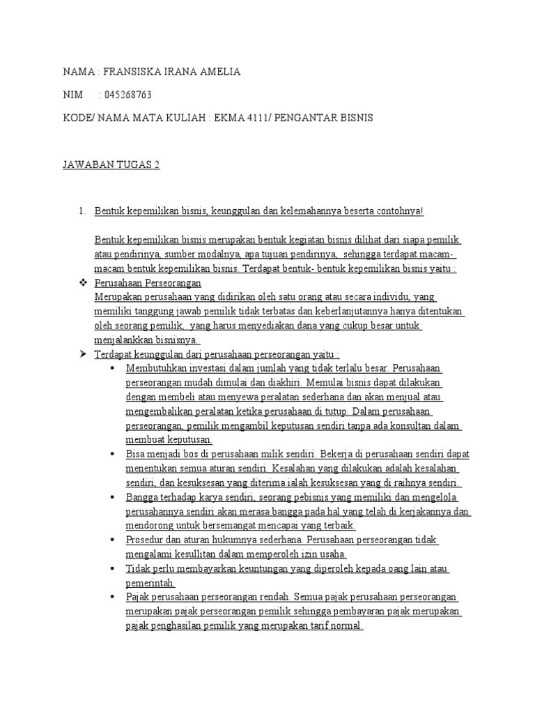 Jawaban Tugas 2 Ekma 4111-Pengantar Bisnis | PDF