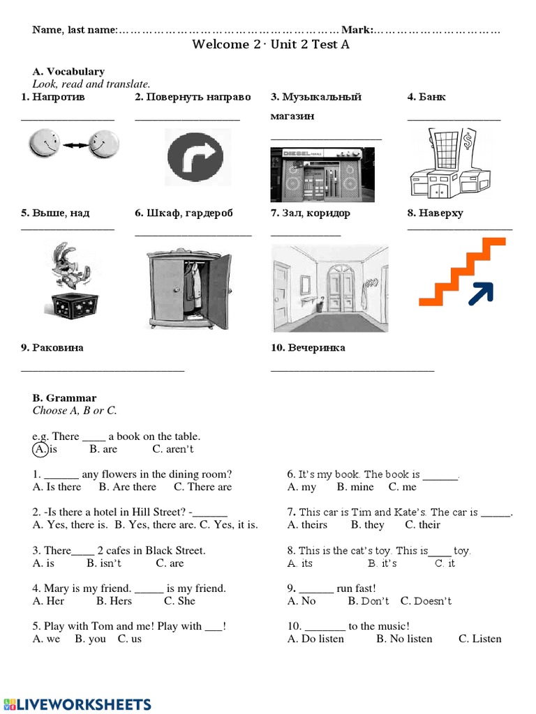 Welcome 2 Unit 2 Test A: Look, Read and Translate | PDF