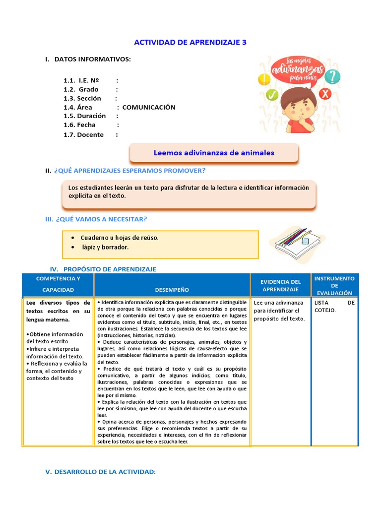 D3 A2 SESION Leemos Adivinanzas de Animales | PDF | Evaluación