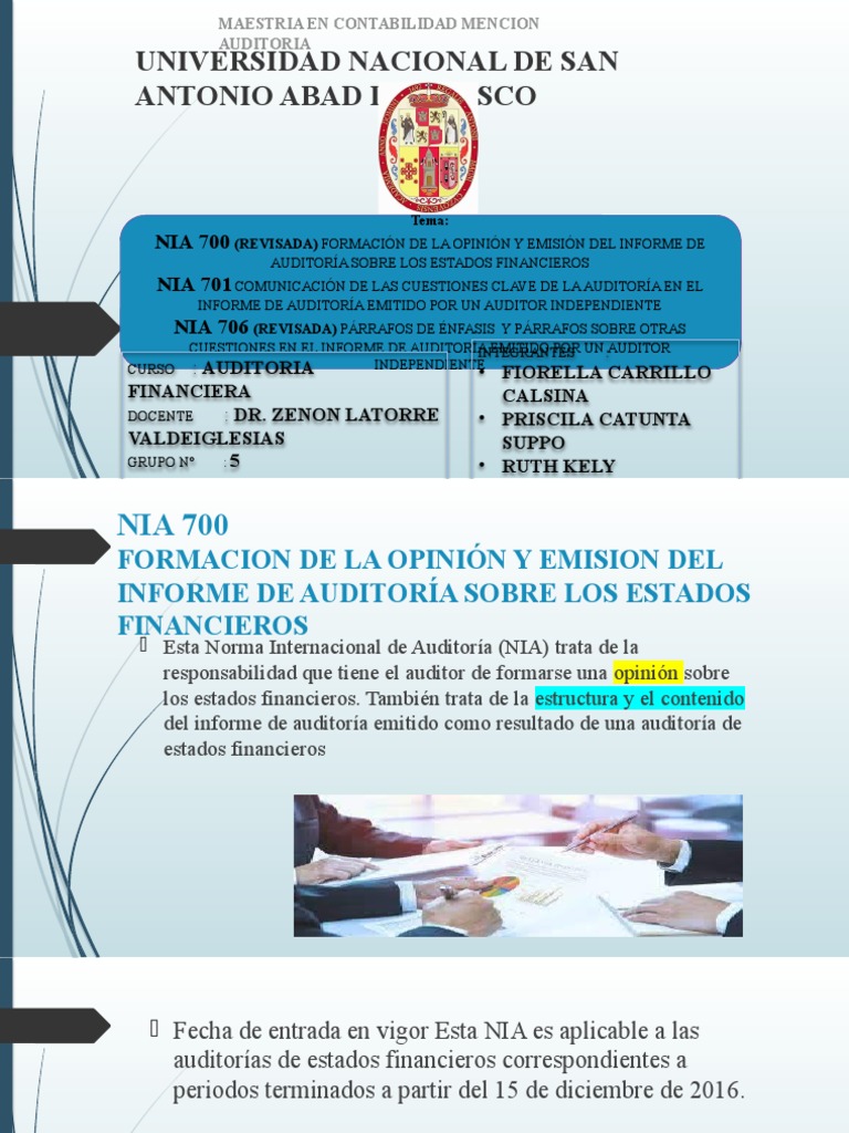 NIA 700 - 701 y 706 | PDF | Auditoría | Contralor