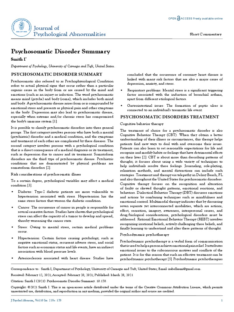 Psychosomatic Disorder Summary | PDF | Psychotherapy | Mental Disorder