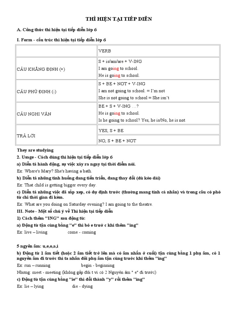 Ly Thuyet Va Bai Tap Thi Hien Tai Tiep Dien Tieng Anh Lop 6 | PDF