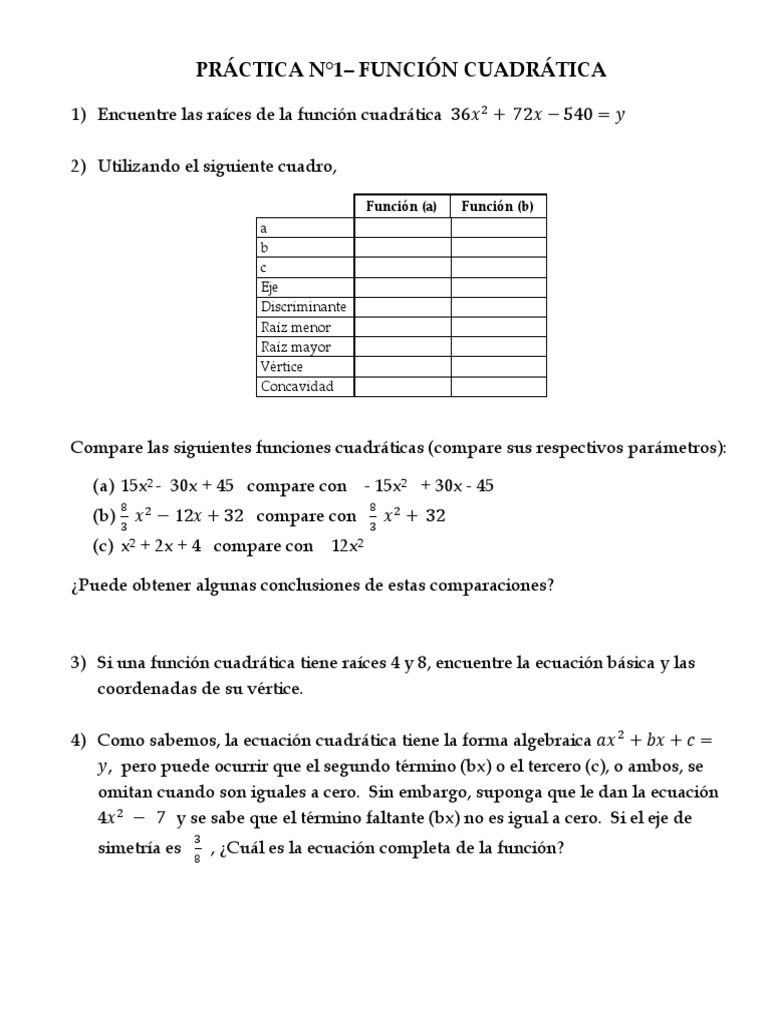 Práctica N°1 Función Cuadrática | PDF | Objetos matemáticos | Matemáticas