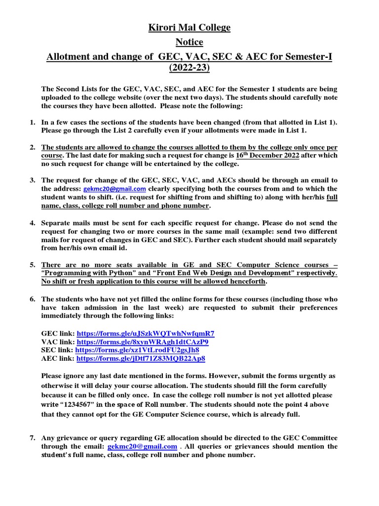 Sem I GE VAC SEC AEC L 2 Allotment and Change | PDF | Computing | Internet