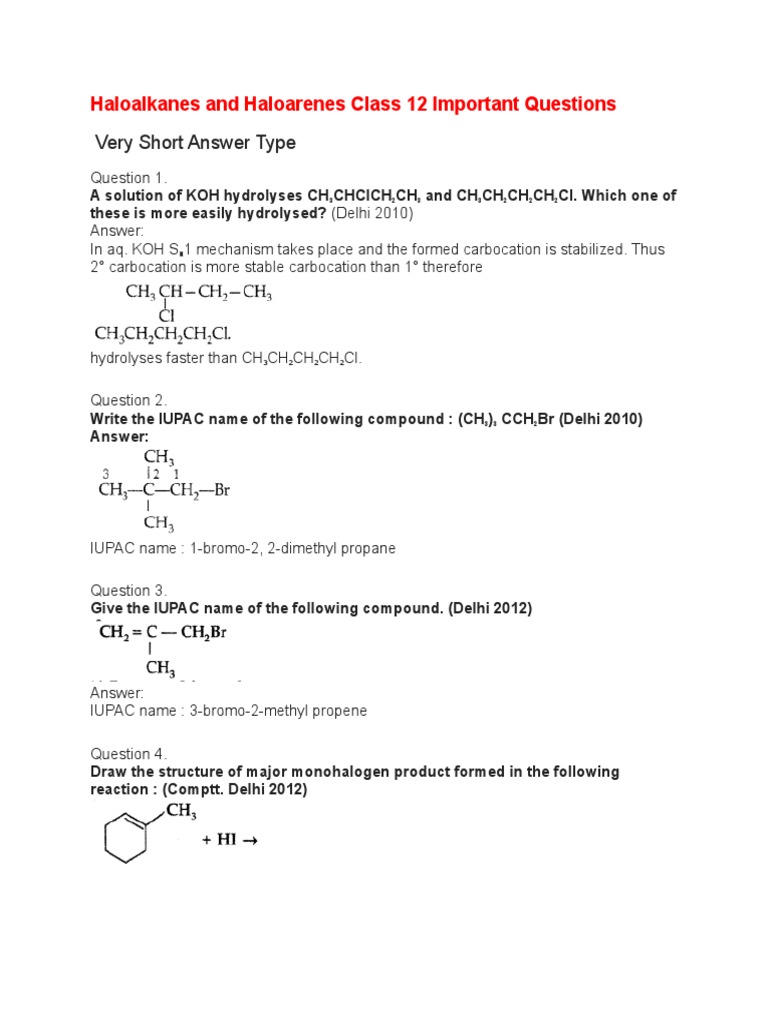 Haloalkanes and Haloarenes Class 12 Important Questions-1 | PDF | Chemical Reactions | Chlorine