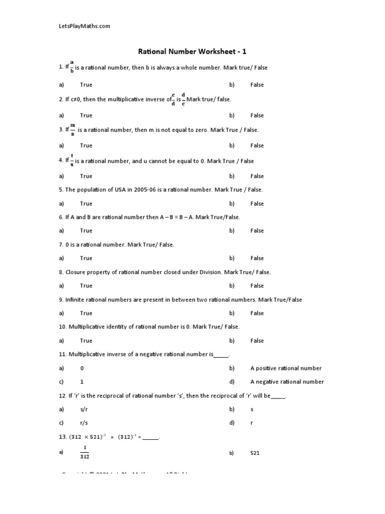 Rational Numbers Worksheet-1cl8 | PDF | Rational Number | Algebra