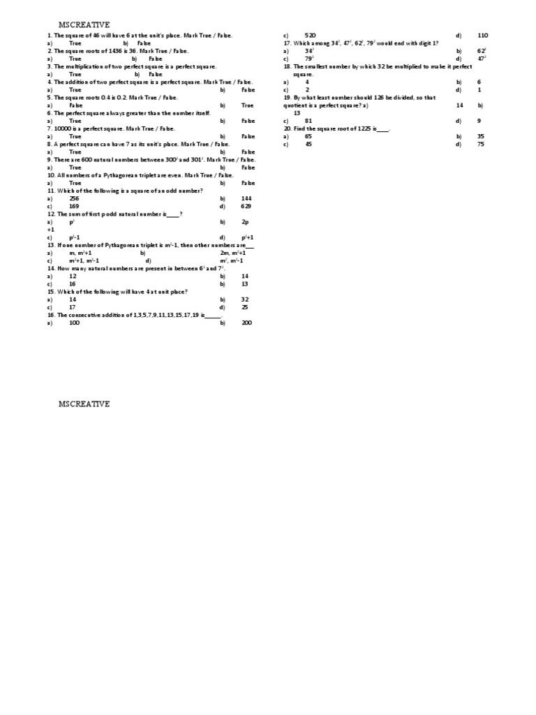 Square and Square Roots Worksheet-Cl8 | PDF | Numbers | Abstract Algebra