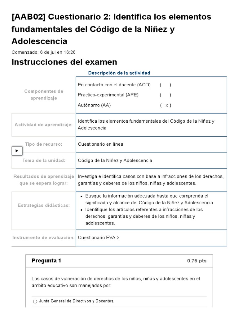 Examen - (AAB02) Cuestionario 2 - Identifica Los Elementos Fundamentales Del Código de La Niñez ...