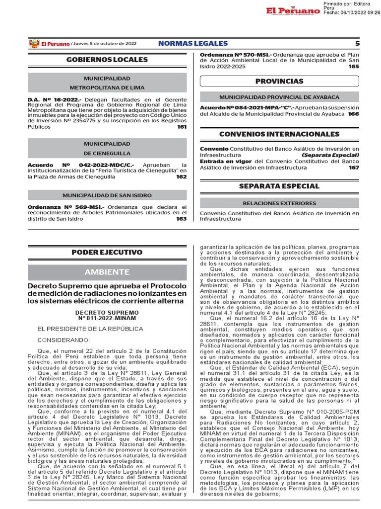 Decreto Supremo Que Aprueba El Protocolo de Medicion de Radi Decreto Supremo No 011 2022 Minam ...