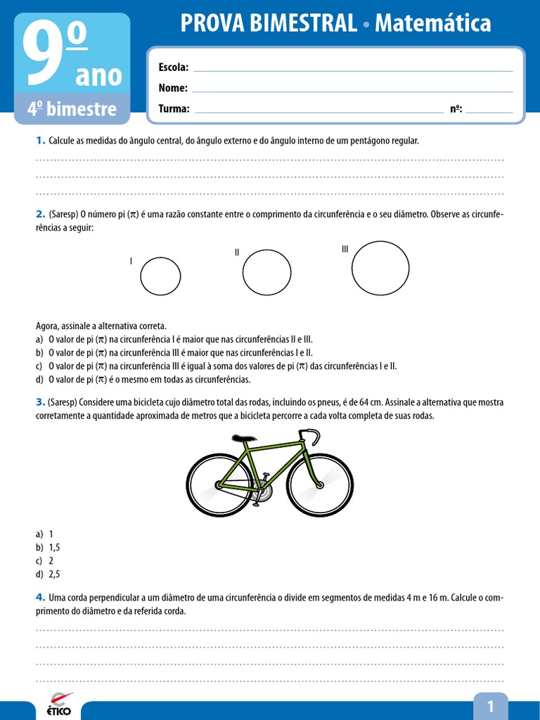Prova bimestral de matemática do 9o ano com exercícios resolvidos sobre ...