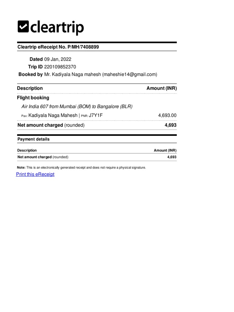 Cleartrip Receipt | PDF