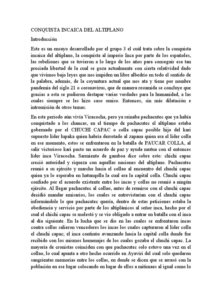 Conquista Incaica Del Altiplano, Ensayo Geohistoria | PDF | Imperio ...
