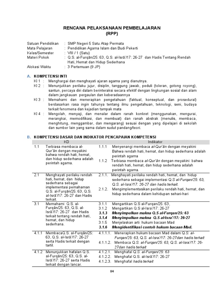 RPP Pai K8 K13 - Rendah Hati, Hemat Dan Sederhana | PDF