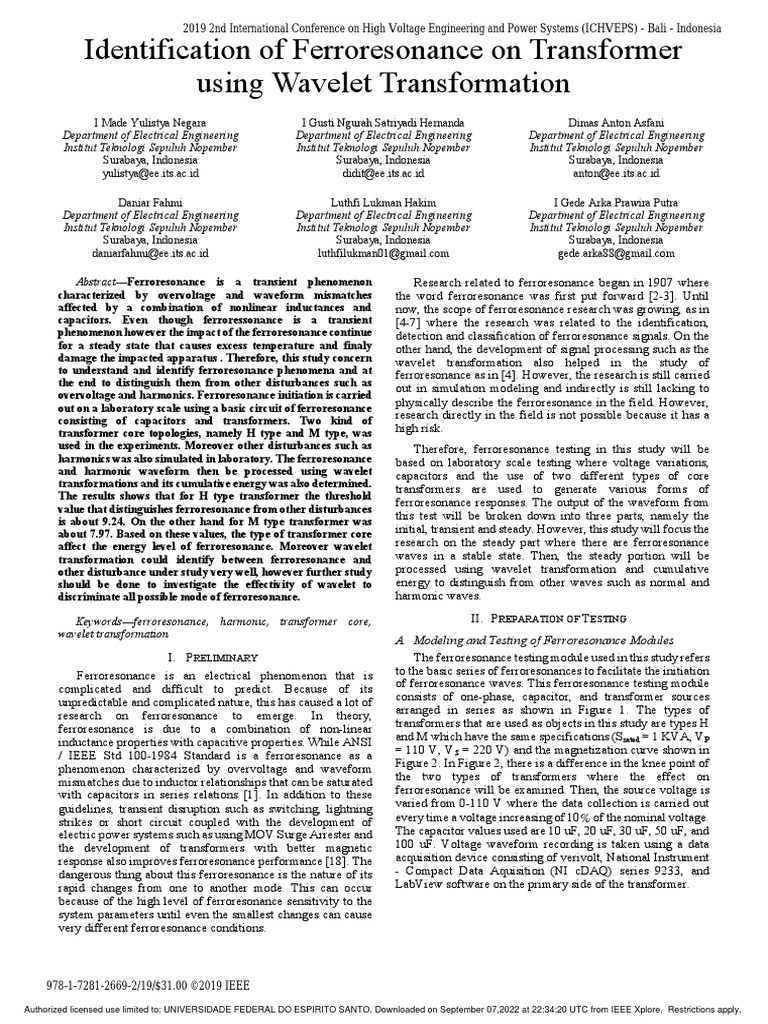Identification of Ferroresonance On Transformer Using Wavelet Transformatio | PDF | Wavelet ...